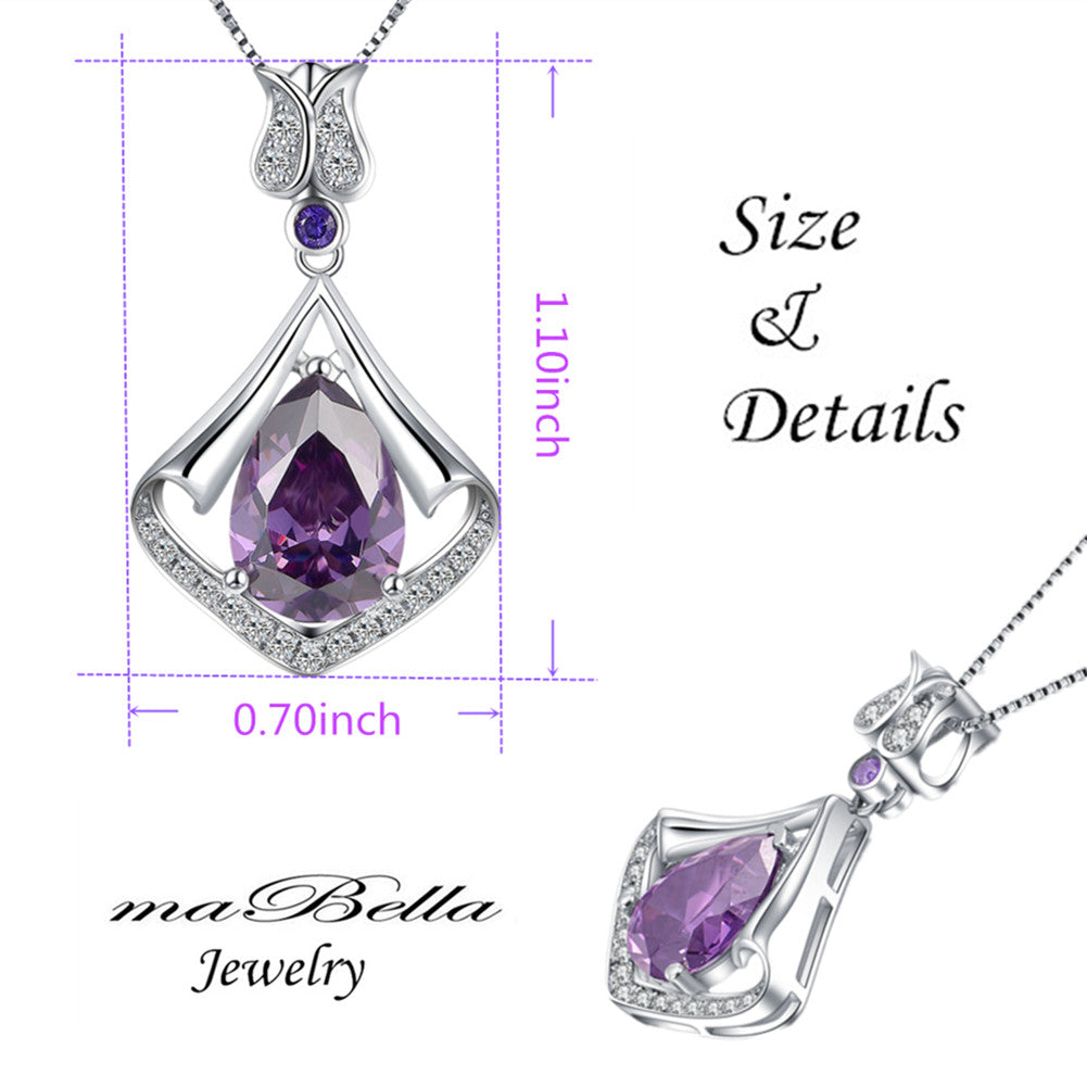 MABELLA Rose Flower Teardrop Necklace Pendant Sterling Silver Made with Simulated Amethyst ...